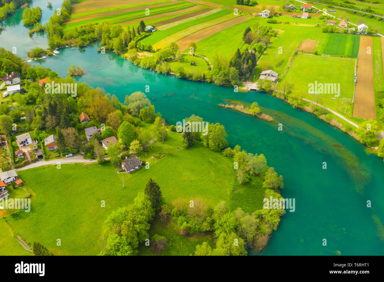 Beautiful rural landscape, Croatian river Mreznica and village of ...