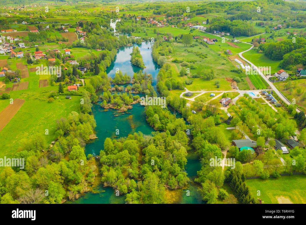 Beautiful rural landscape, Croatian river Mreznica and village of ...
