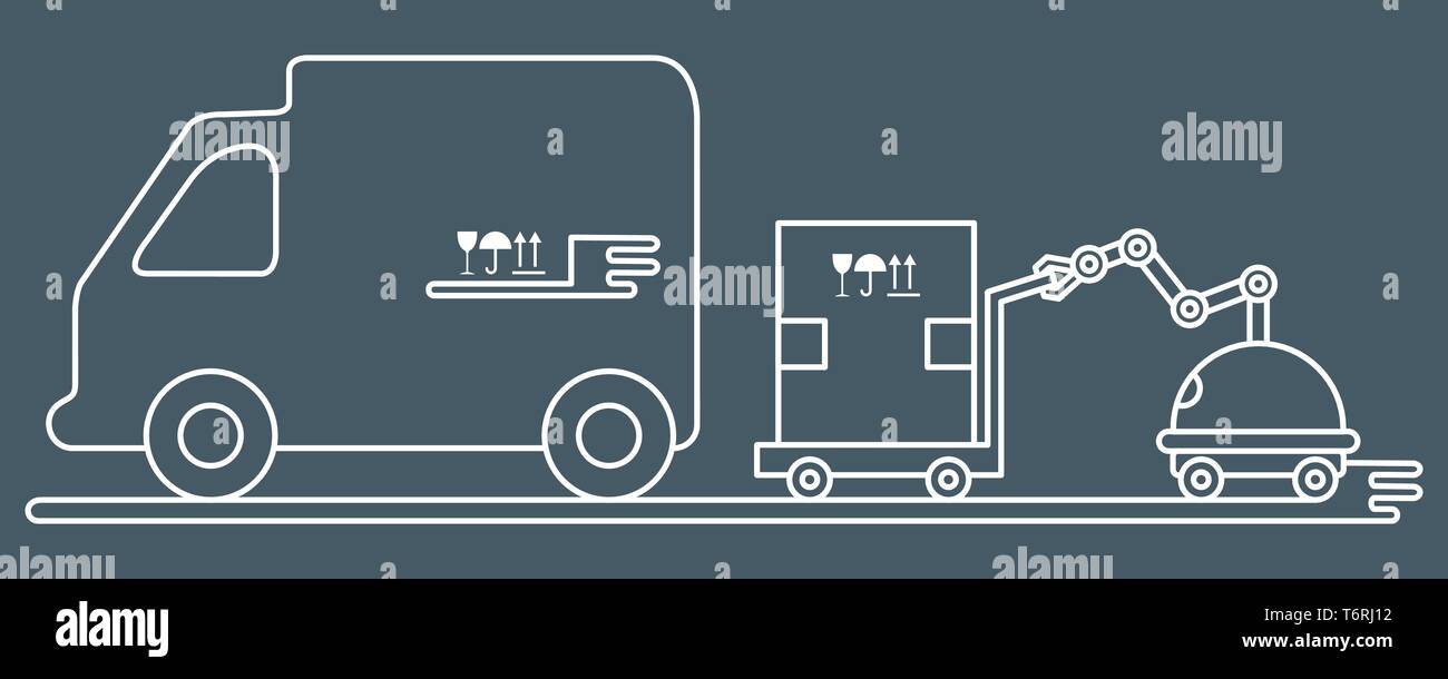 Vector illustration with robot loader loads boxes into a truck ...