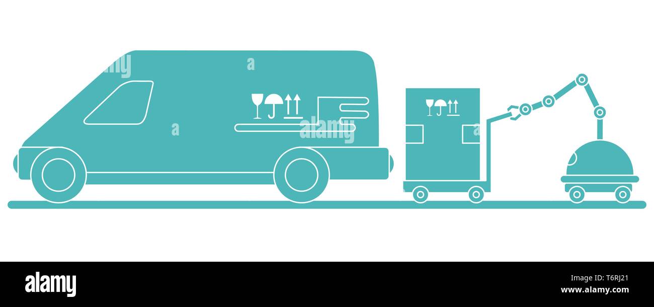 Vector illustration with robot loader loads boxes into a car ...