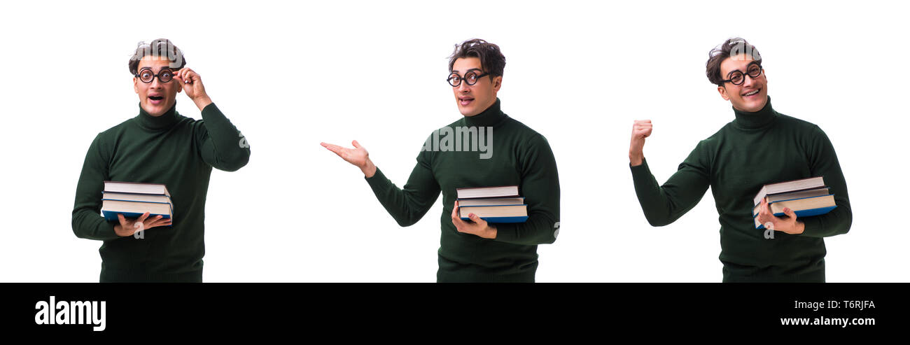 Nerd young student with books isolated on white Stock Photo - Alamy