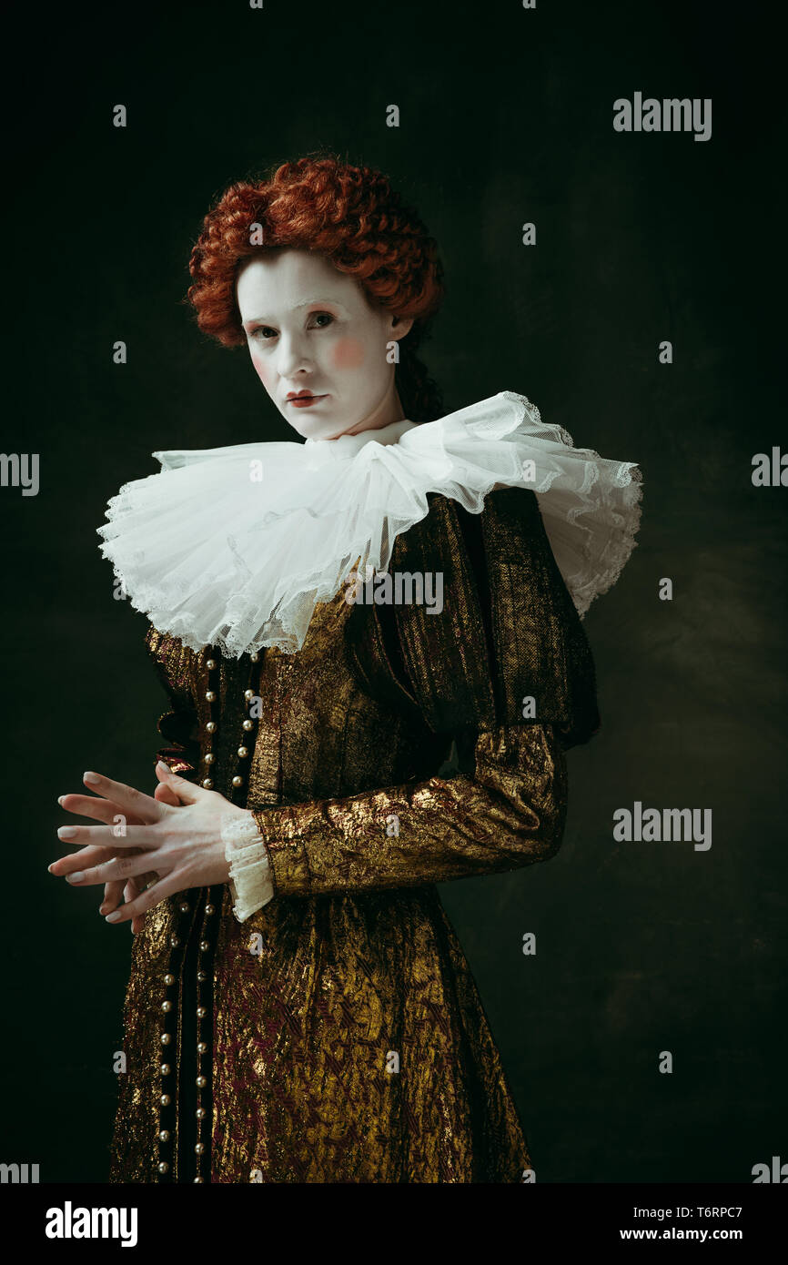 Meditations Or Thoughts Medieval Redhead Young Woman In Golden Vintage