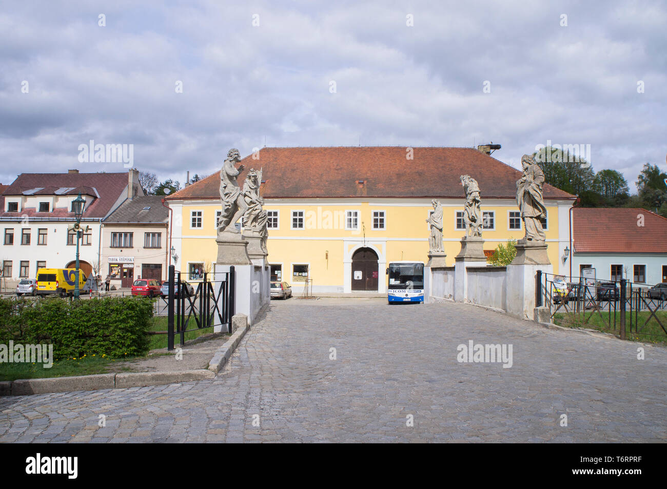 Baroque bridge and the Kaba House at Namesti Svobody Square in Brtnice ...