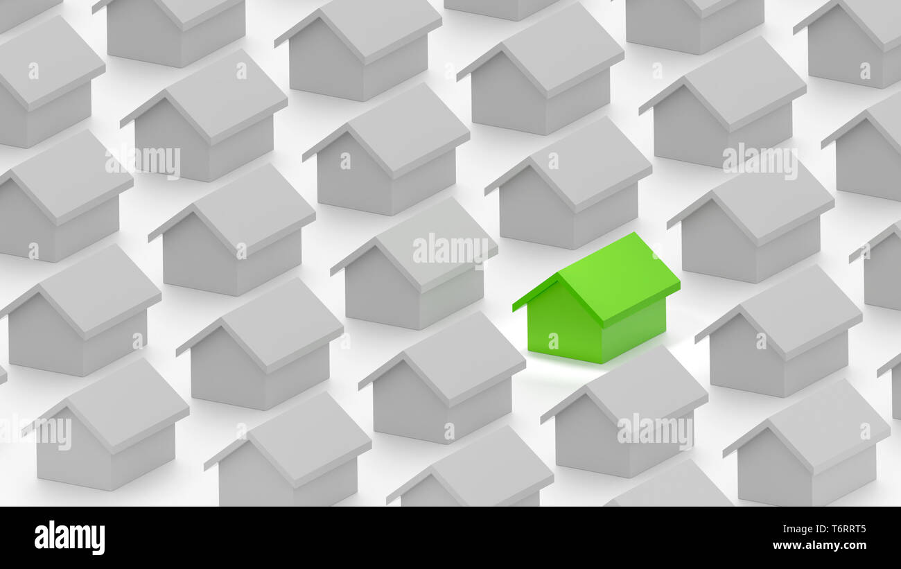 3d illustration of green ECO house between no-saving grey house, non ...