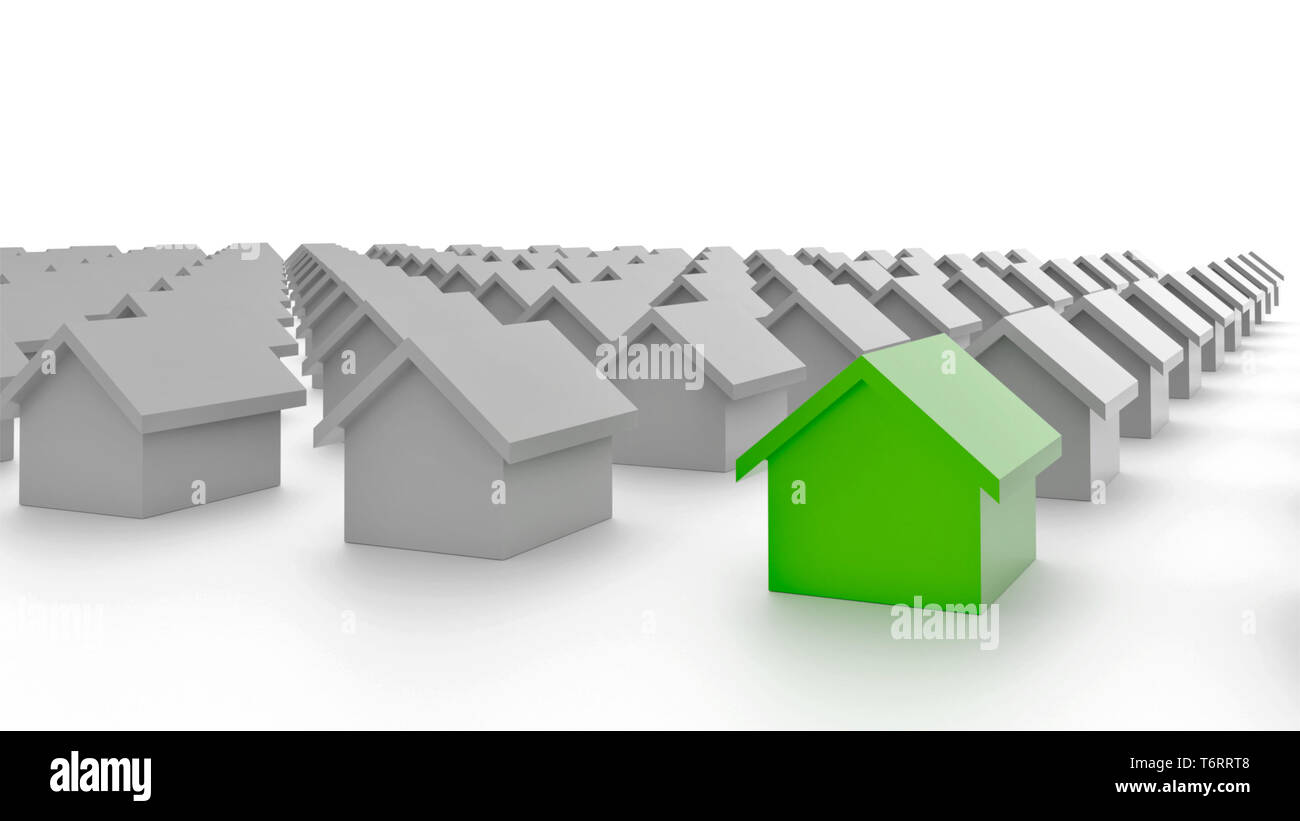 3d illustration of green ECO house between no-saving grey house, non ...
