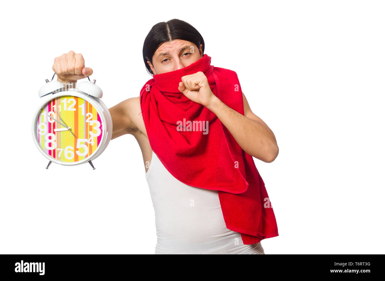 Funny man waking up in the morning on white Stock Photo - Alamy