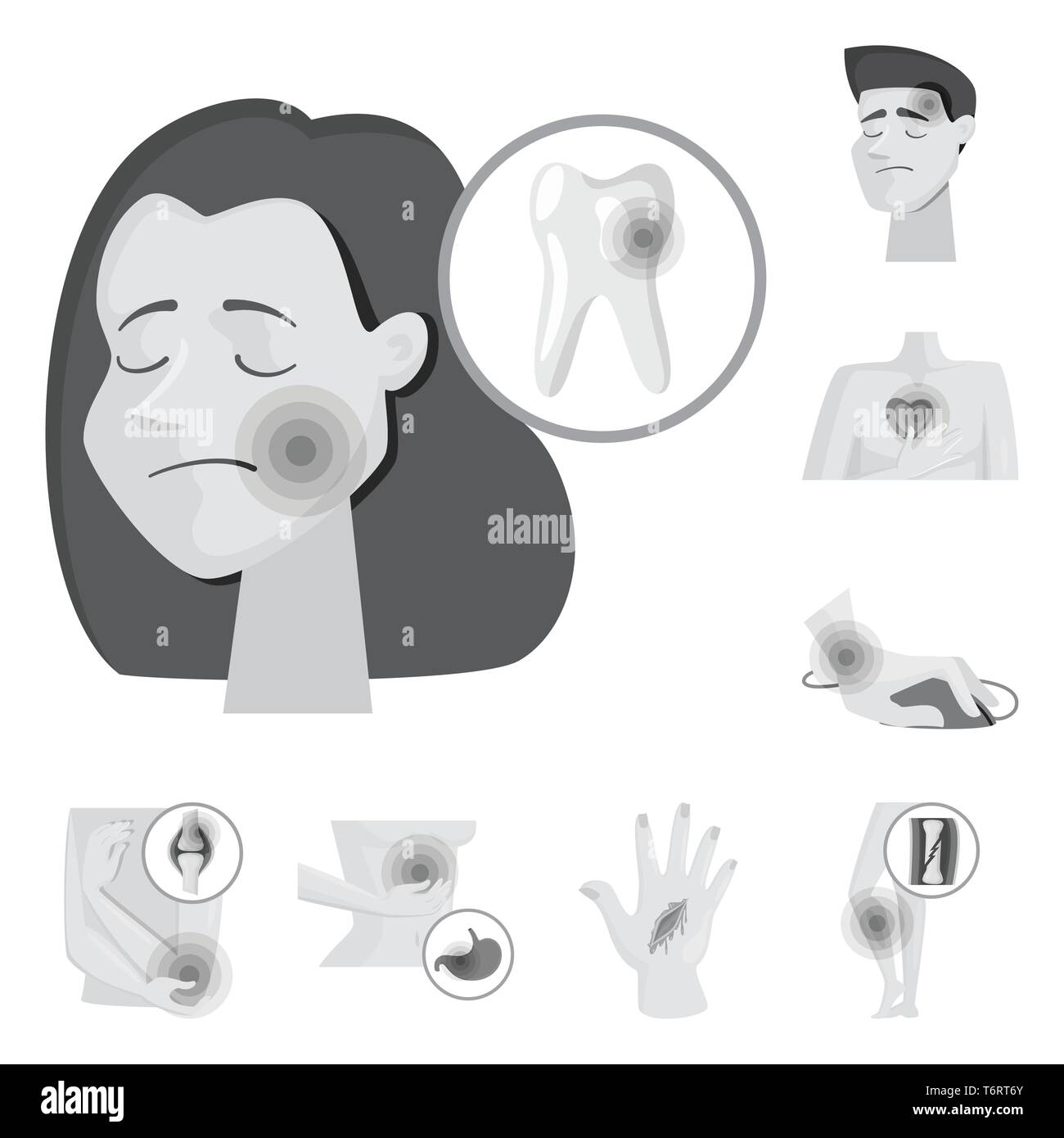 Vector illustration of suffering and injury sign. Collection of ...