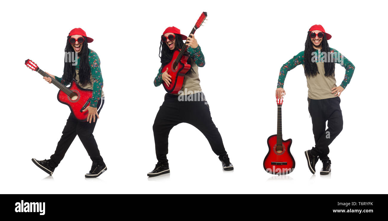 Man with guitar in musical concept on white Stock Photo - Alamy