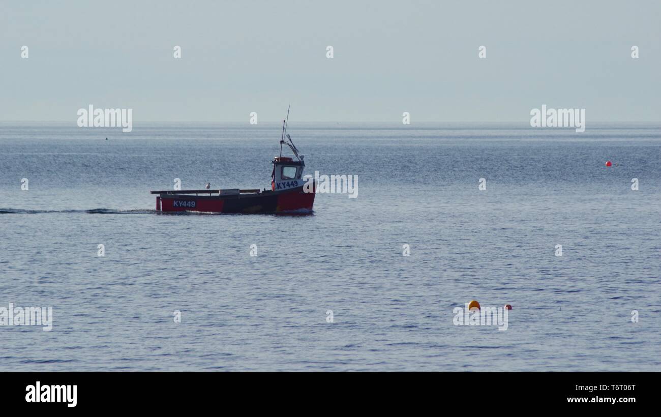 Small Red Lobster Fishing Boat on a Calm Firth of Forth at Dawn. Fife ...