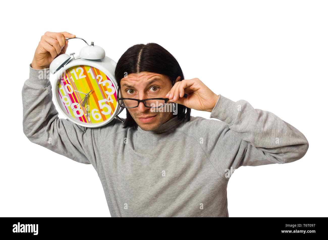 Funny man waking up in the morning on white Stock Photo - Alamy