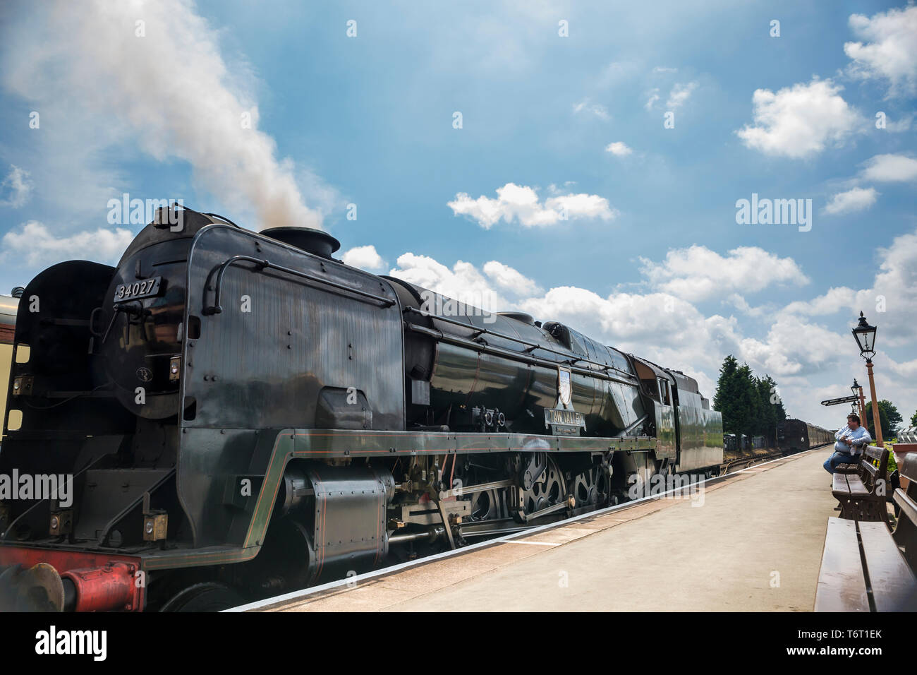 Side close up vintage UK steam locomotive 34027 Taw Valley by train ...