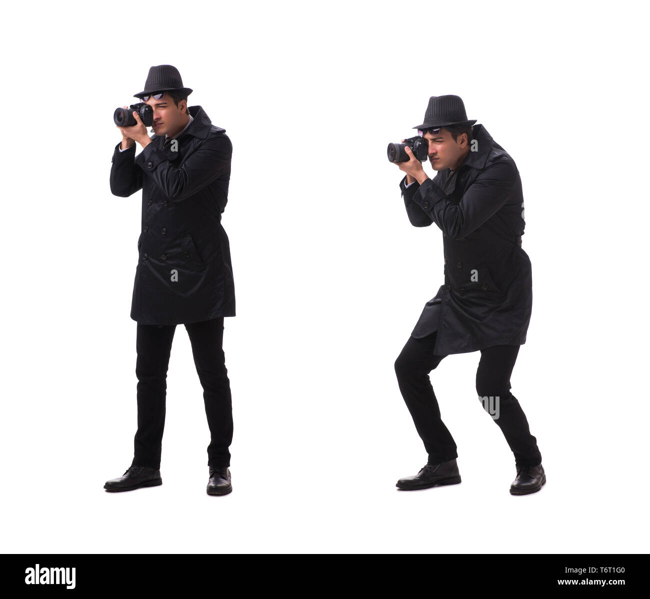 Spy with camera taking pictures isolated on white Stock Photo - Alamy