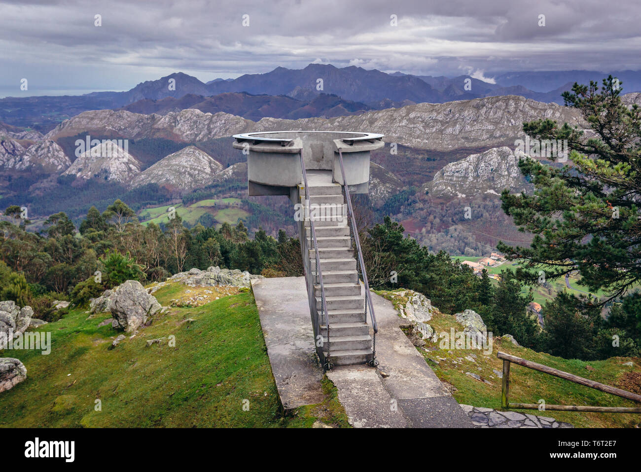 Aerial view with Mirador del Fito viewing point in Sierra del Sueve ...