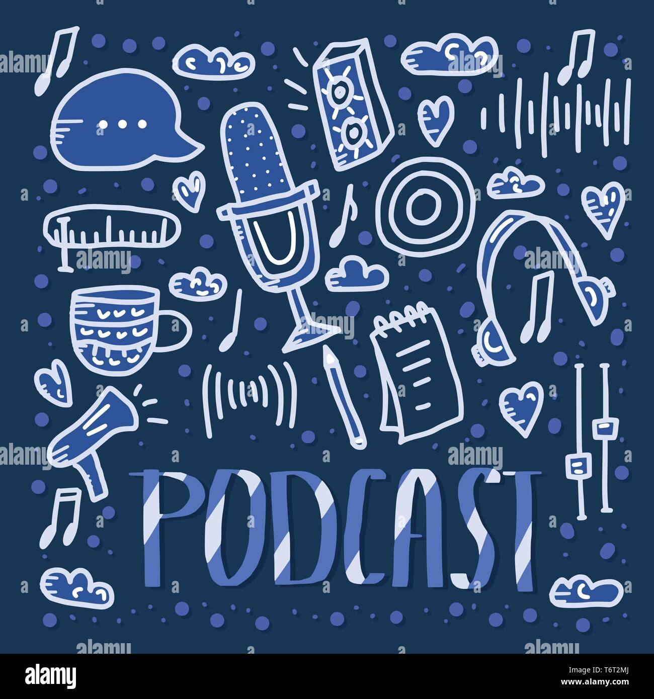 Podcast screen with handwritten lettering and decoration. Poster with ...