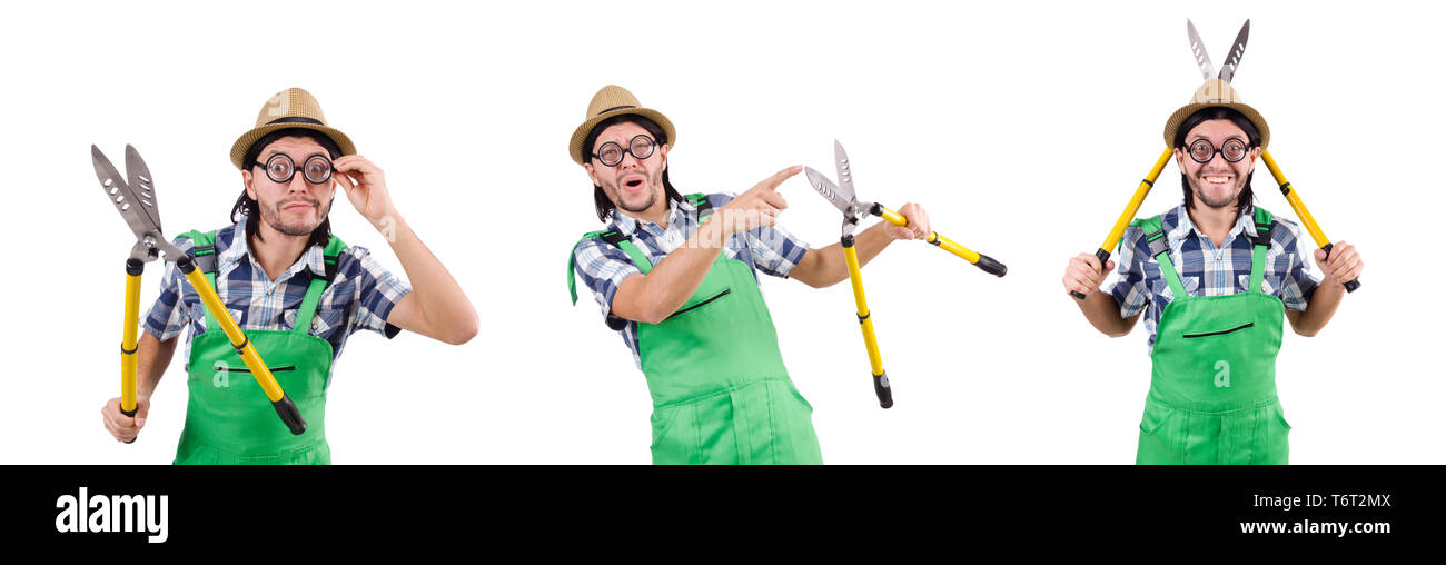 Funny gardener with shears isolated on white Stock Photo - Alamy