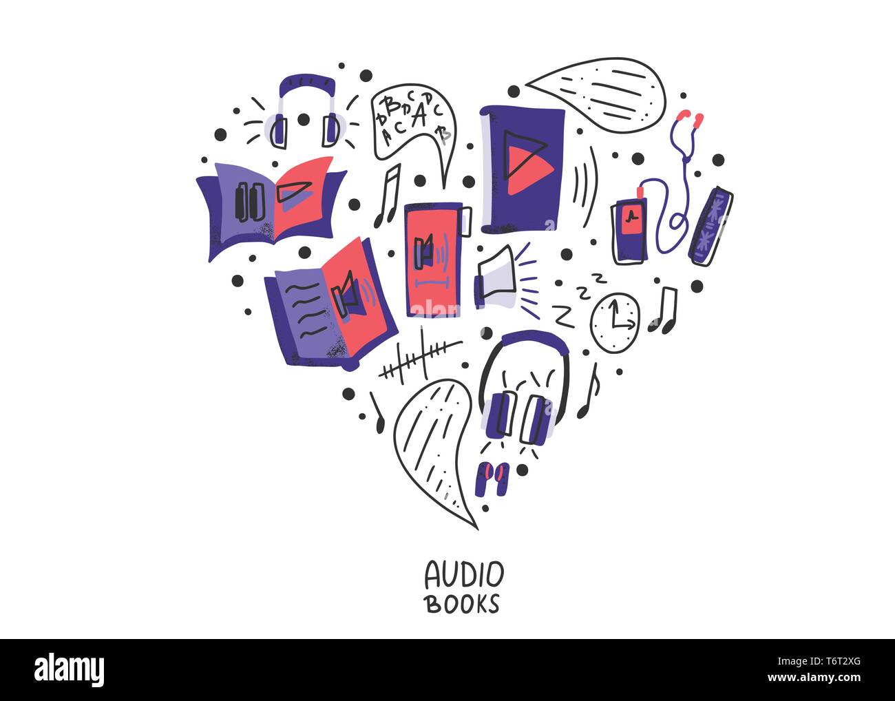Audiobooks heart concept. Set of audio book symbols with lettering ...