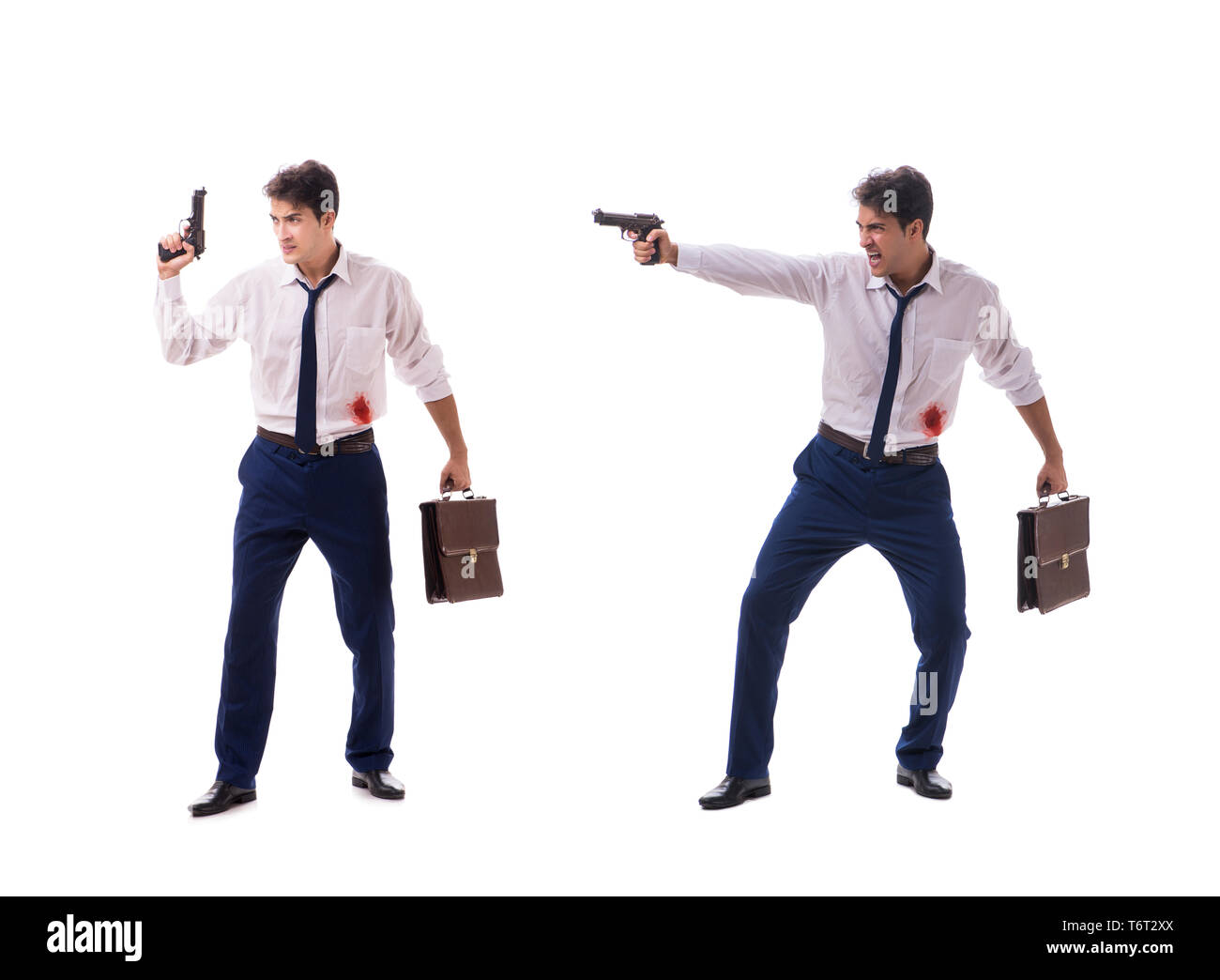 Businessman wounded in gun fight isolated on white Stock Photo - Alamy