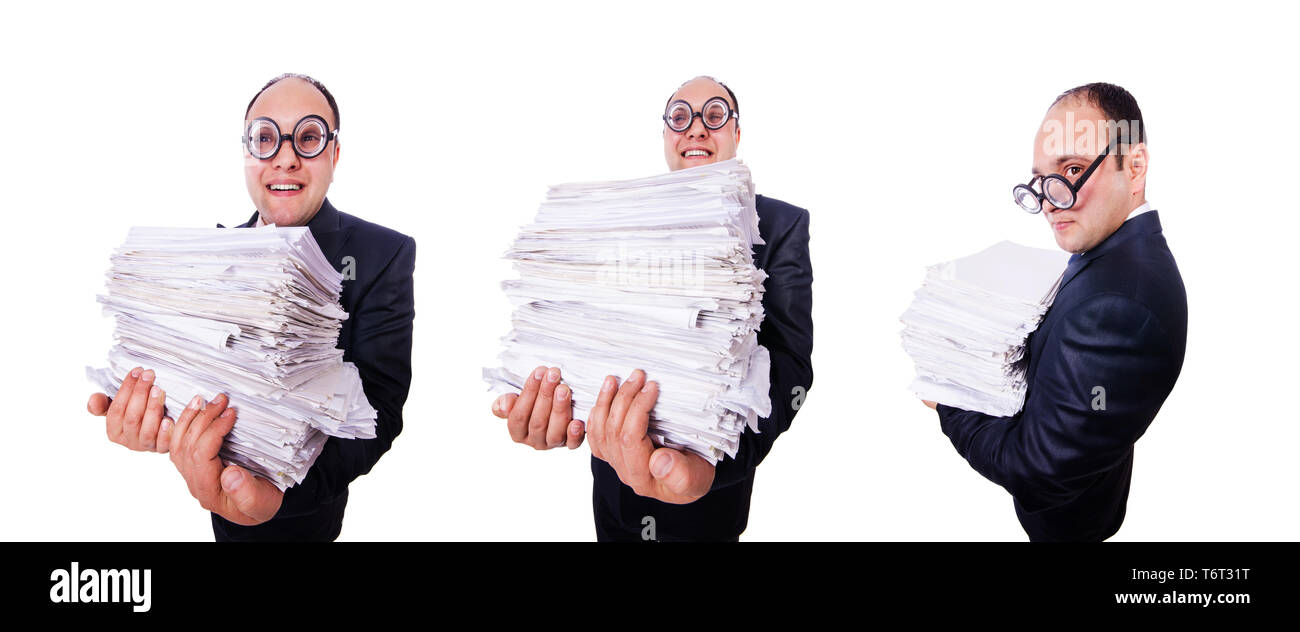 Funny man with lots of folders on white Stock Photo - Alamy