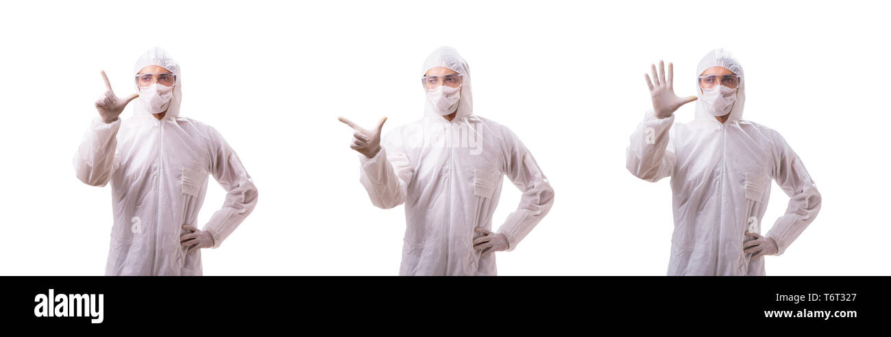 Man in protective suit isolated on white background Stock Photo - Alamy