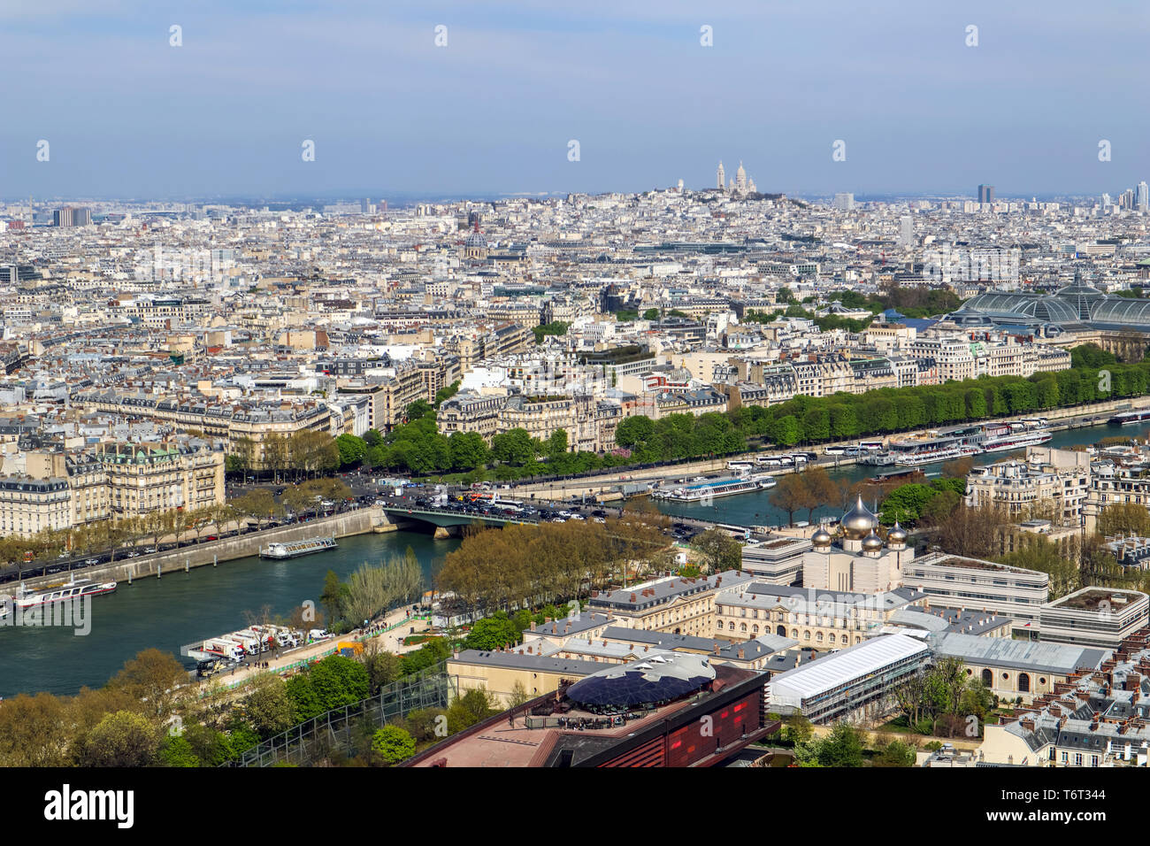 Aerial view of Paris city and Seine river from Eiffel Tower. France ...
