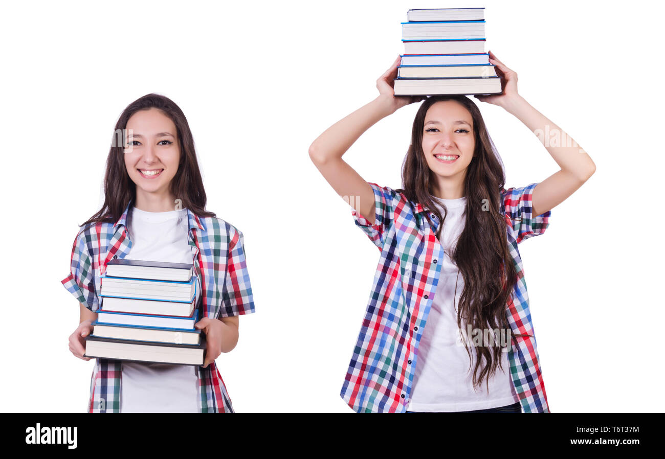 Student girl with many books on white Stock Photo - Alamy