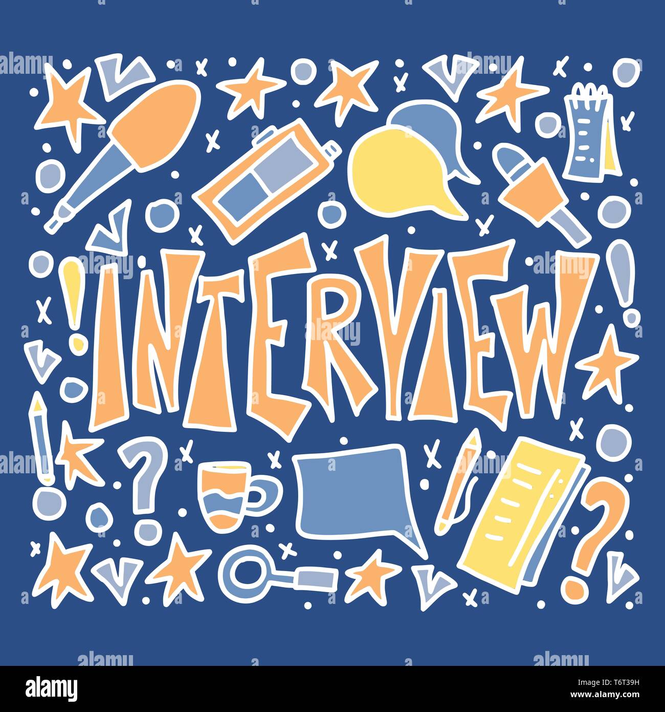 Interview lettering with decoration design element in doodle style. Set ...