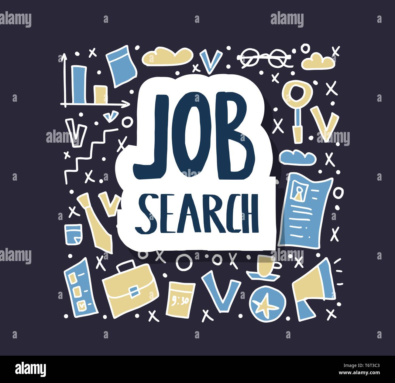 Job search concept. Sticker lettering with hiring symbols. Vector color ...