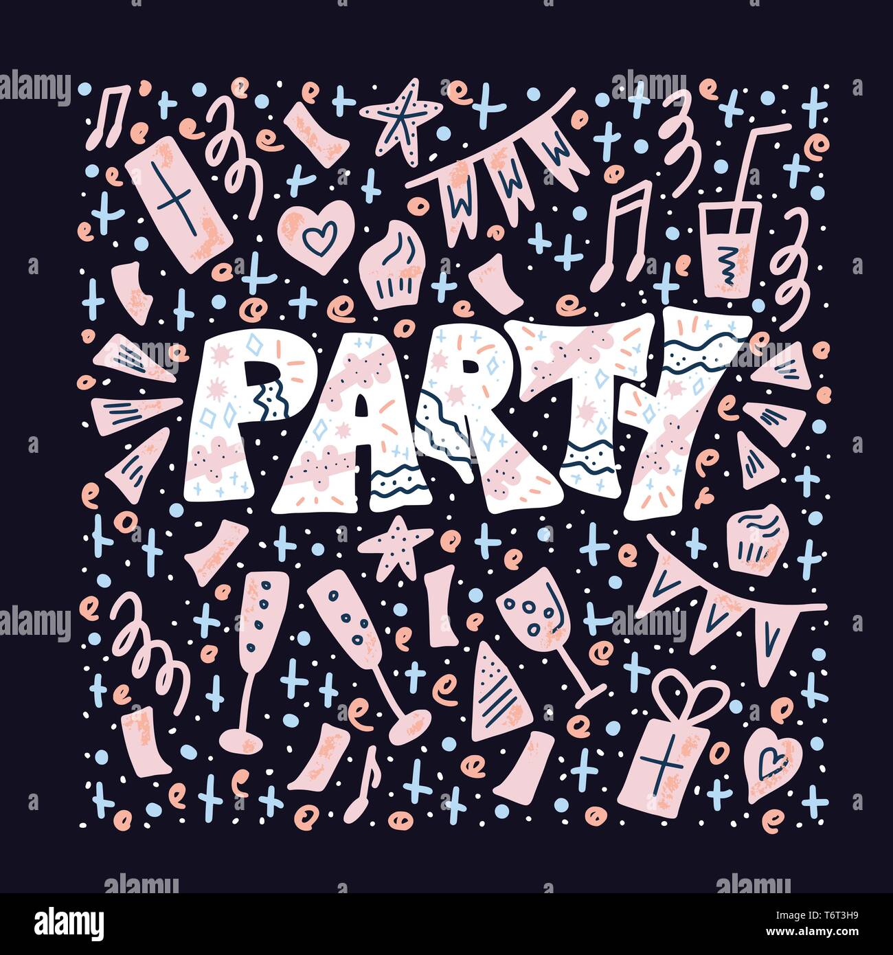 Party poster with handwritten lettering and holiday decoration. Event ...