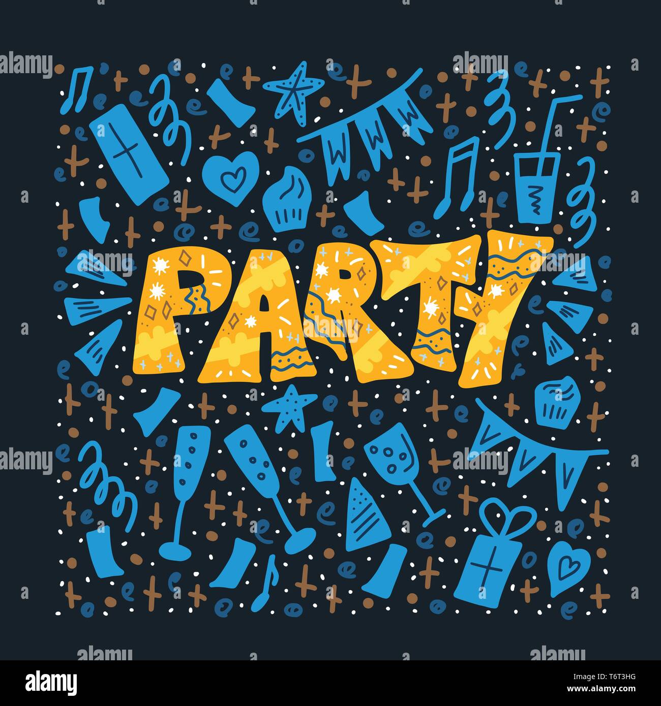 Party poster with handwritten lettering and holiday decoration. Party ...