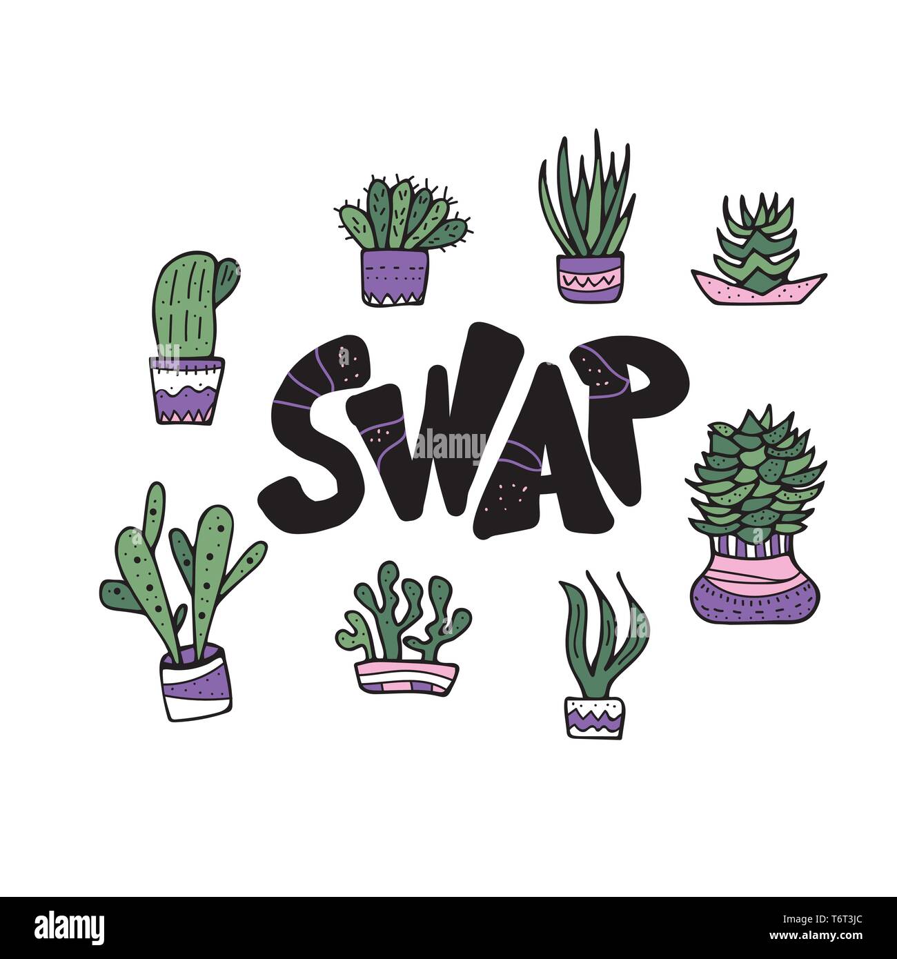 Swap quote with succulets in doodle style. Swap meet. Plant exchange ...