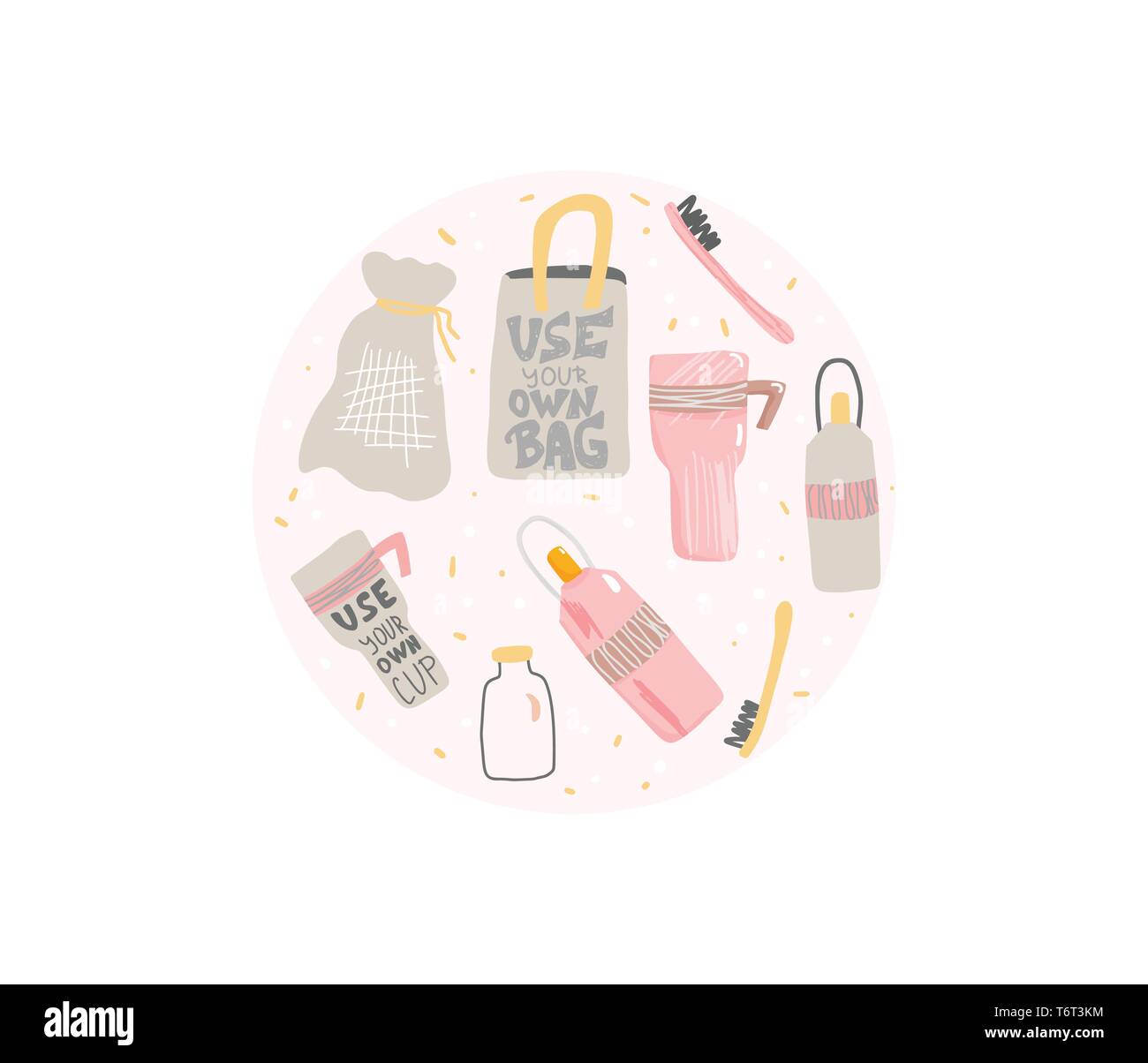 No plastic concept. Round badge with eco lifestyle elements isolated on ...