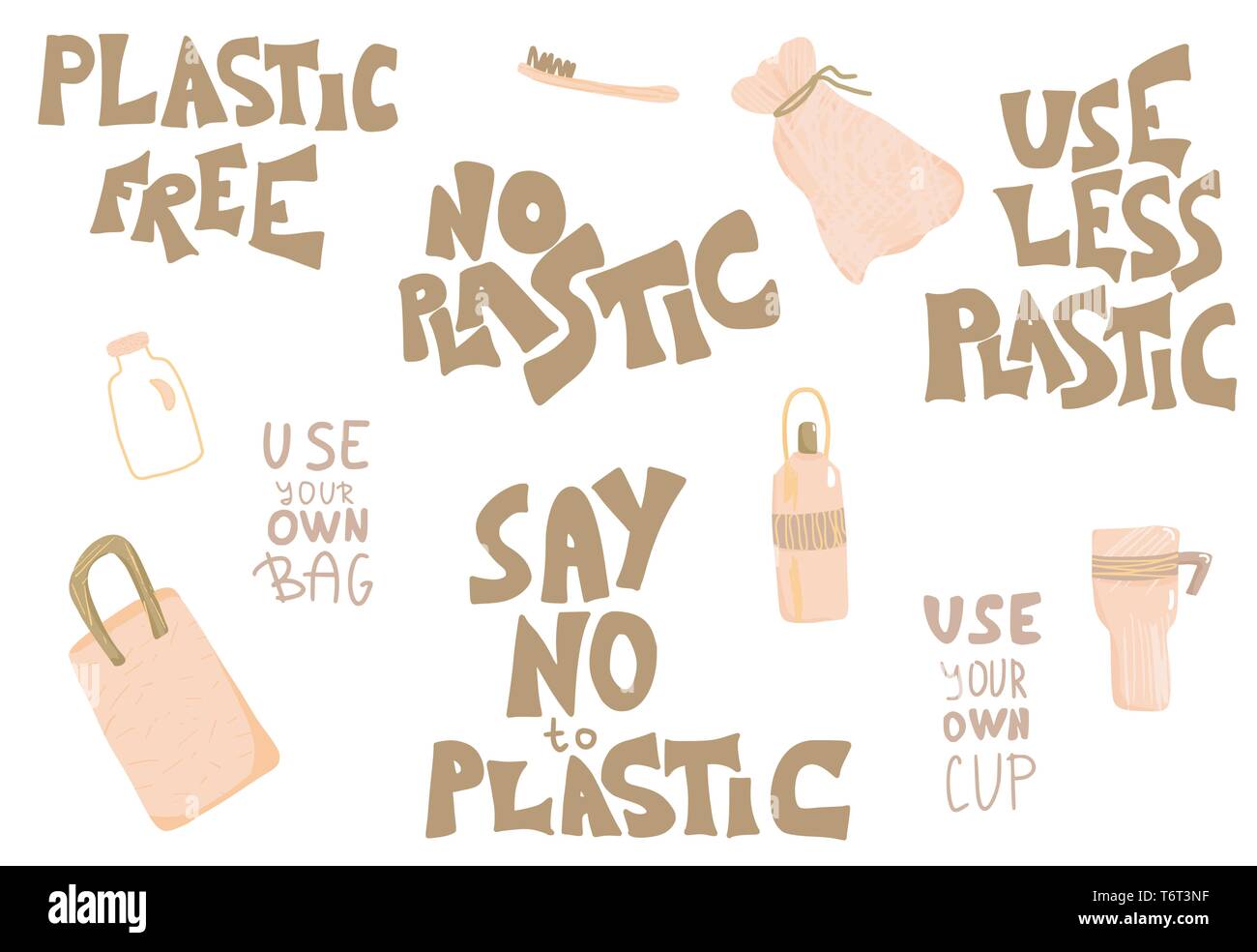 Plastic free design elements set in flat style. Quotes with eco ...