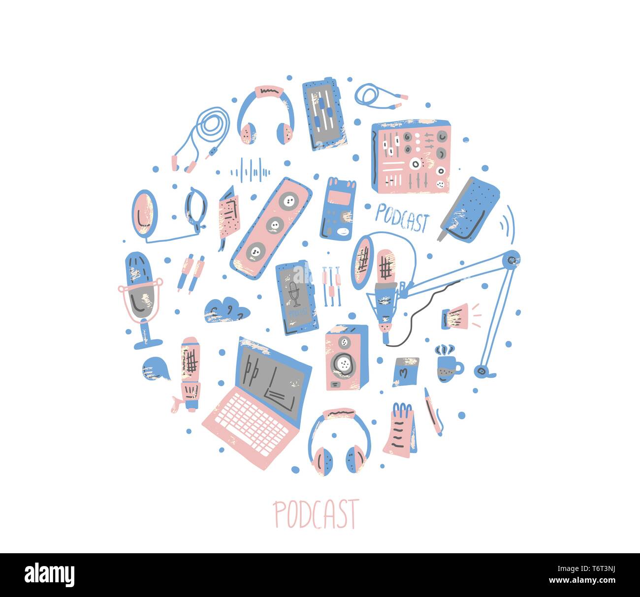 Podcast round emblem with handwritten lettering and decoration in flat ...