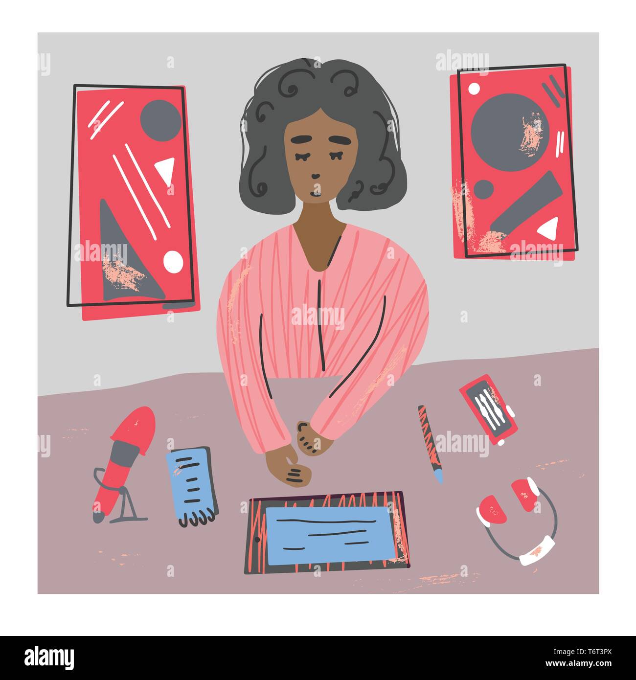 Podcaster. Young woman recording a podcast in a studio. Vector color ...