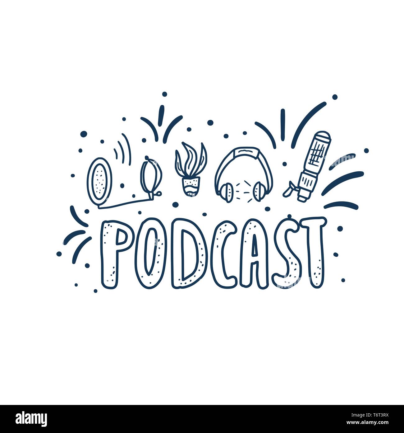 Podcast emblem with handwritten lettering and decoration. Text and ...