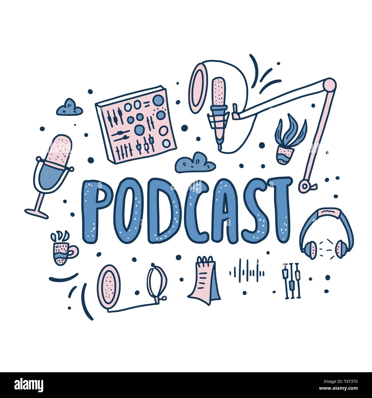 Podcast emblem with handwritten lettering and decoration. Text and ...