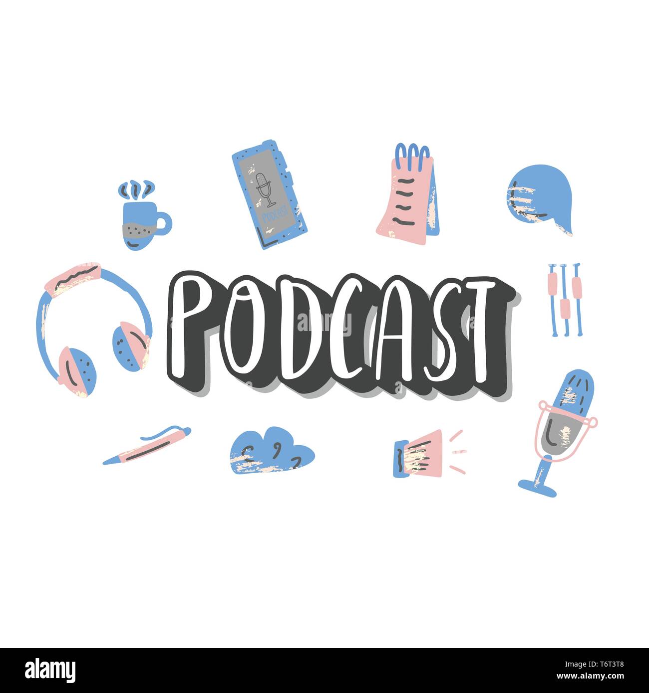 Podcast emblem with handwritten lettering and decoration. Text and ...