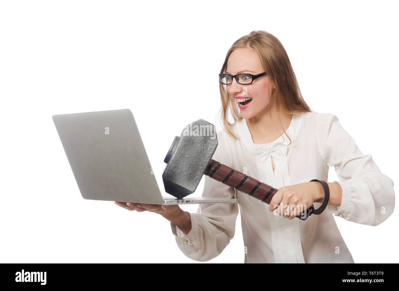 Woman hitting laptop computer hammer hi-res stock photography and ...