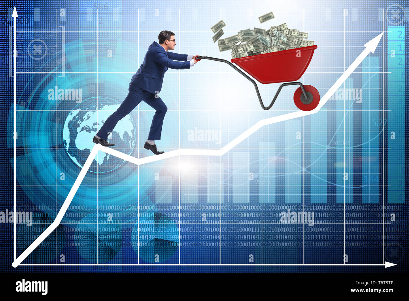 Businessman pushing wheelbarrow full of dollar money Stock Photo - Alamy