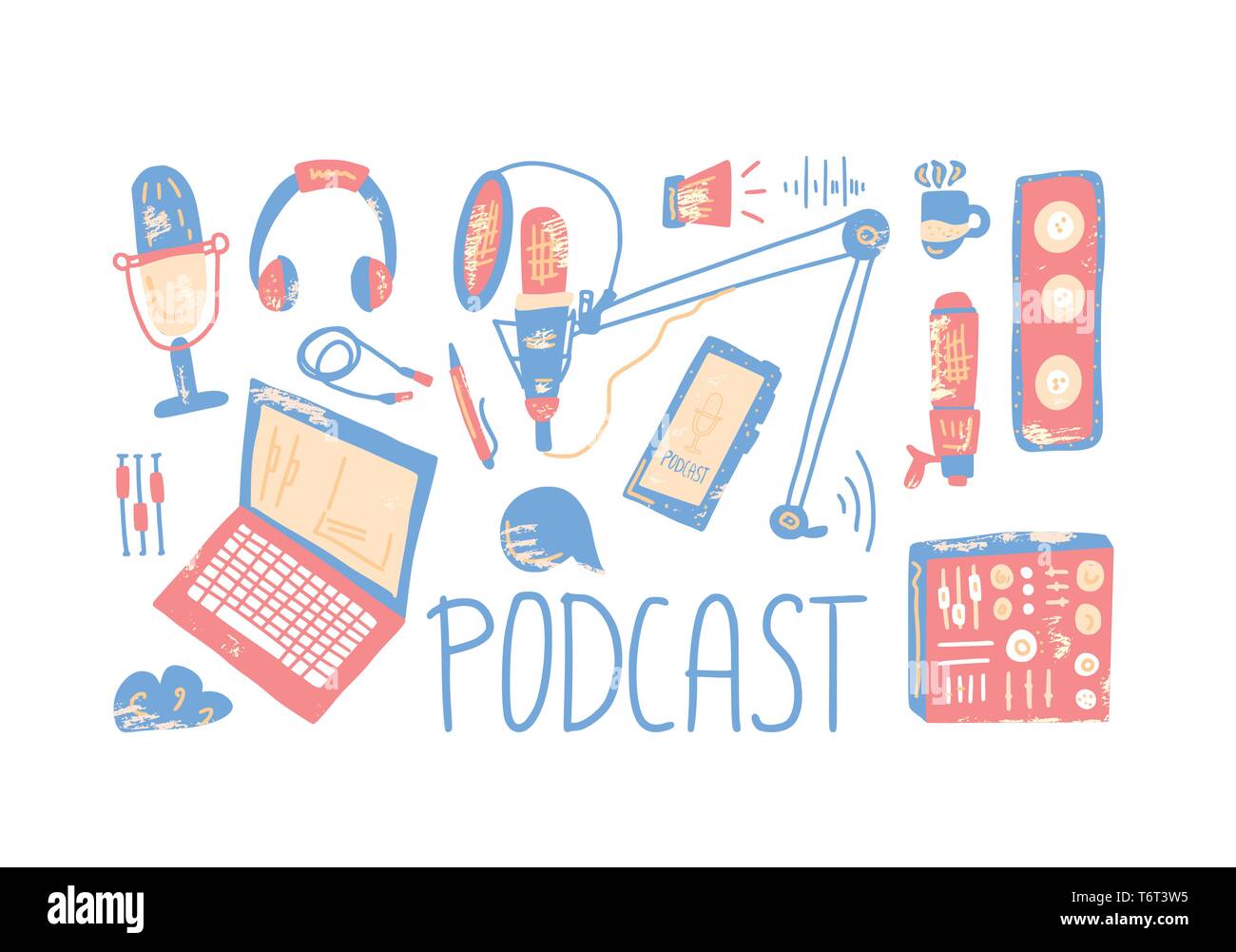 Vector podcast composition with handwritten lettering and decoration ...