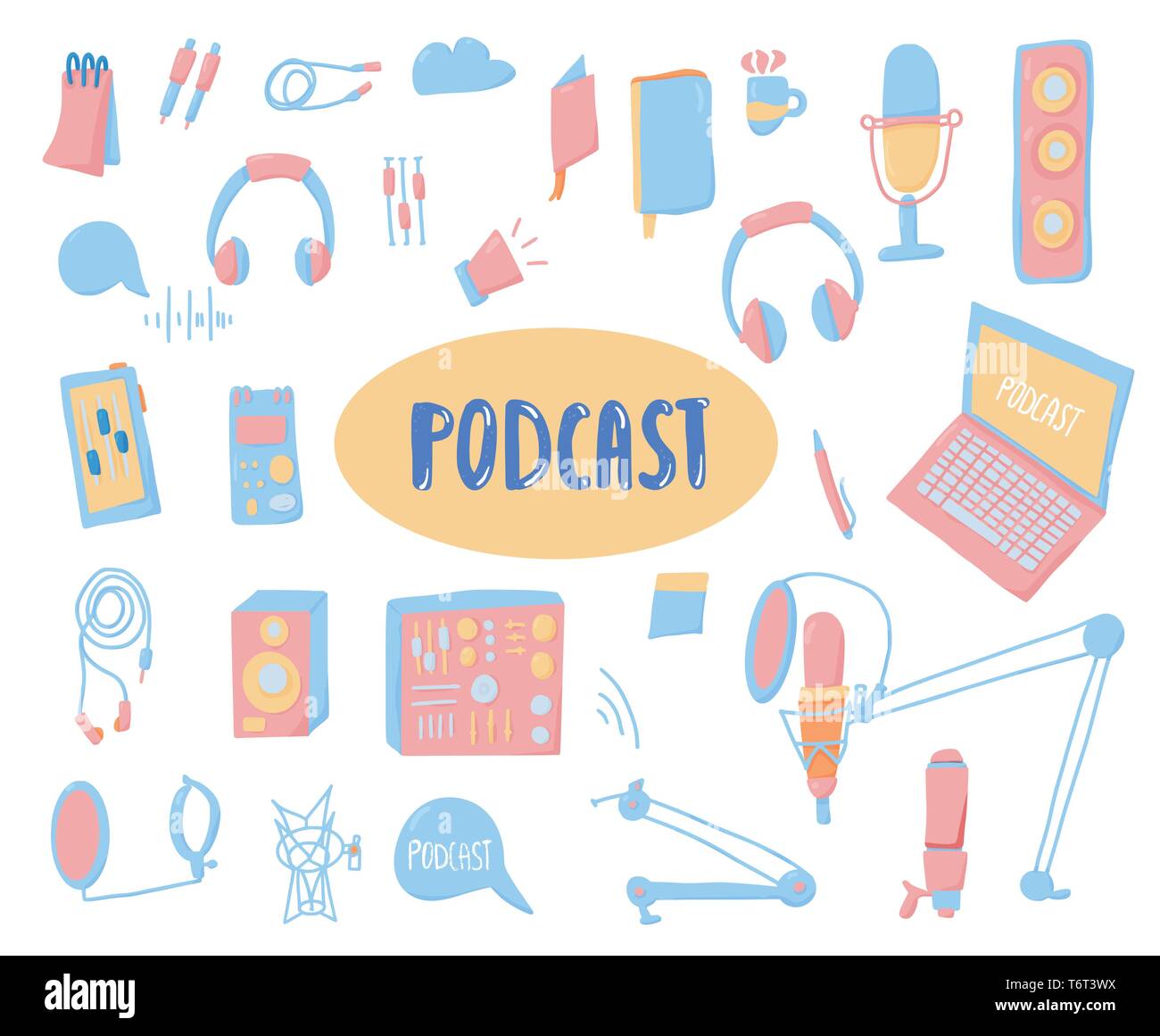 Vector podcasts elements and lettering. Text and podcasts symbols set ...