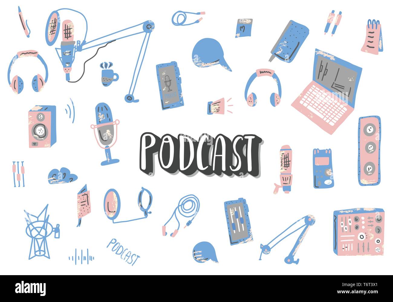 Vector podcasts elements and lettering. Text and podcasts symbols set ...