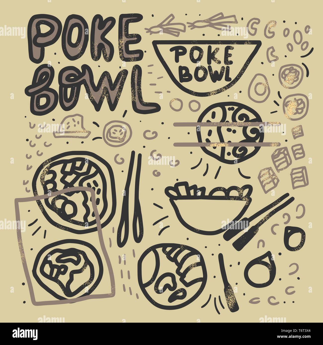 Poke bowl poster. Ingrediens of meal in doodle style. Vector conceptual ...