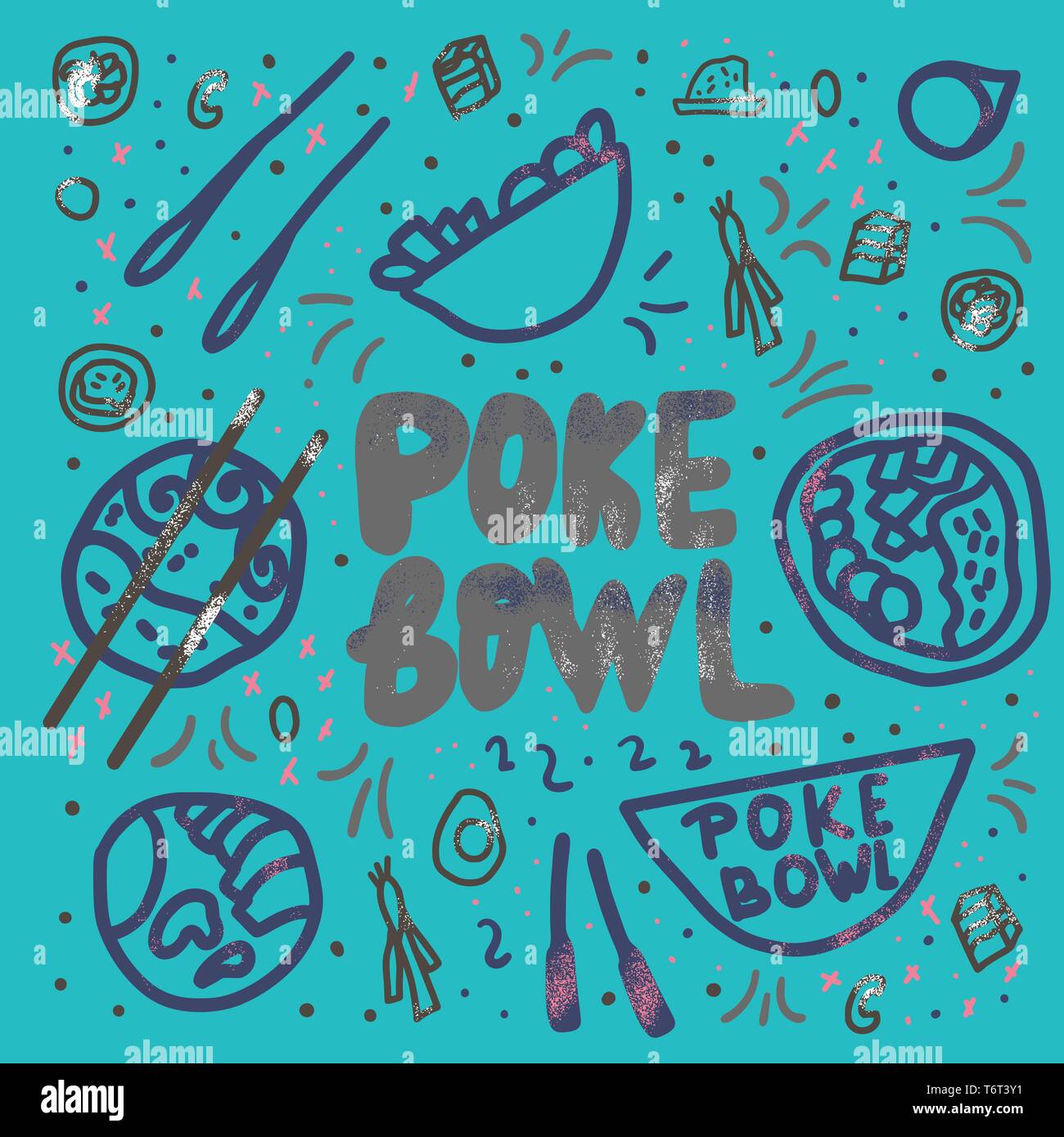 Poke bowl concept. Square food poster. Ingrediens of meal in doodle ...