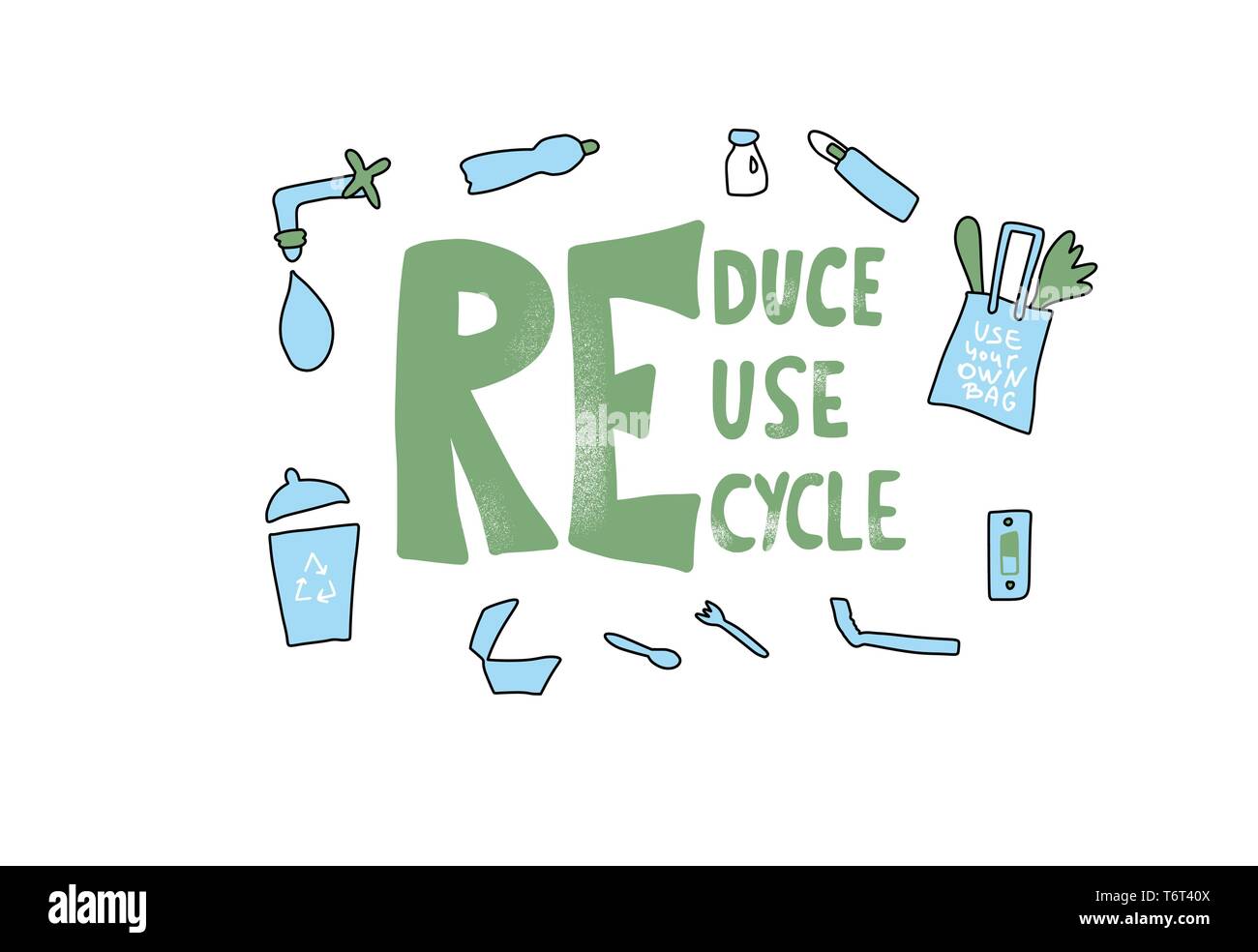 Reduce Reuse Recycle concept. Quote with eco lifestyle elements isolated on white background ...