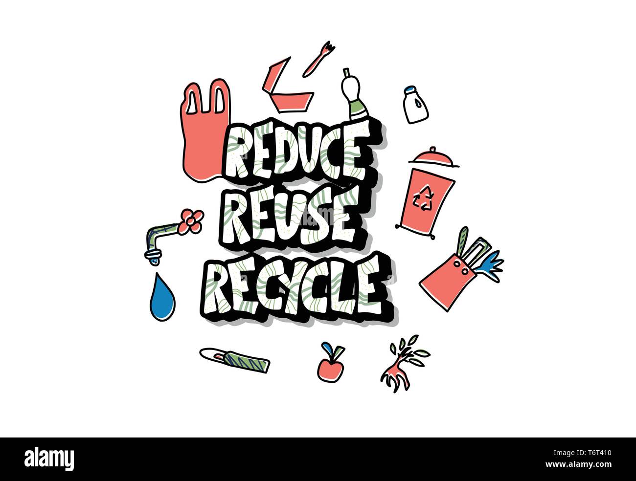 Reduce Reuse Recycle concept. Quote with eco lifestyle elements. Emblem with handwritten ...