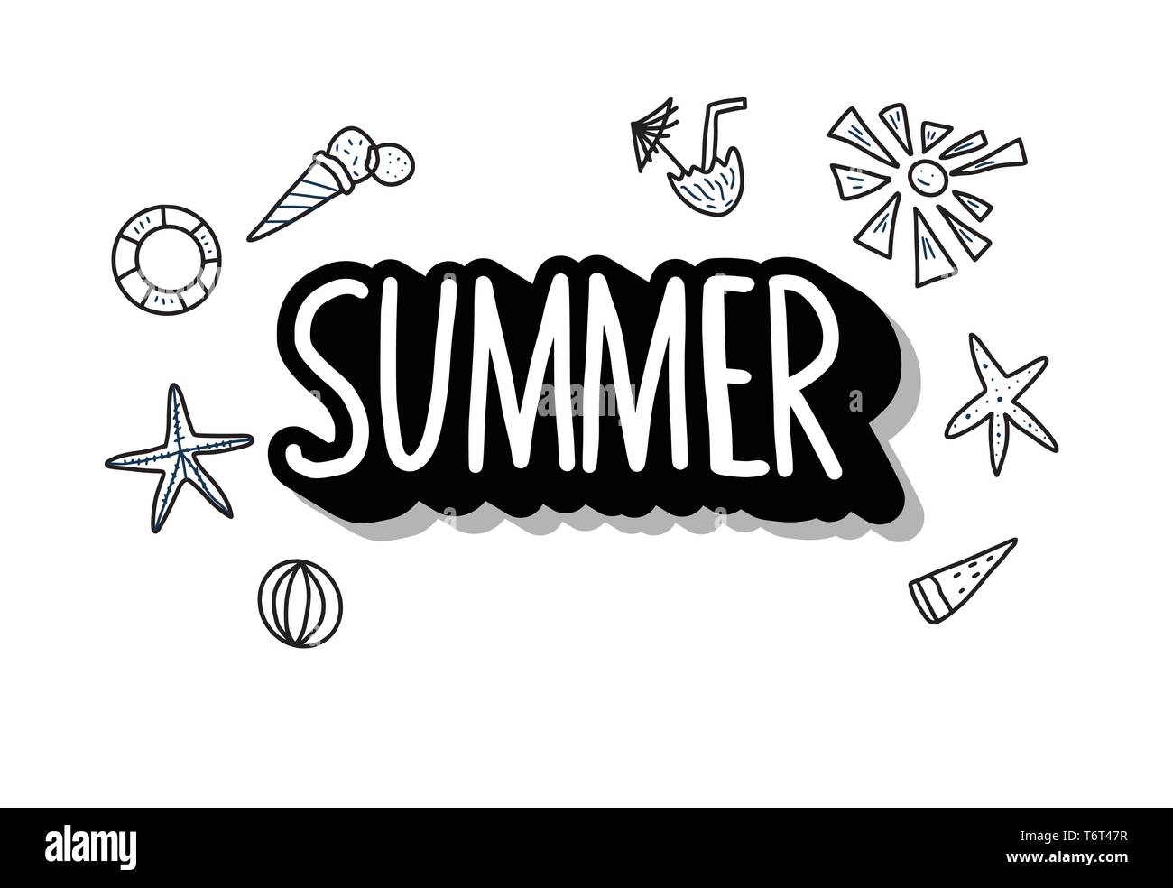 Summer concept. Handwritten lettering with summer symbols in doodle ...