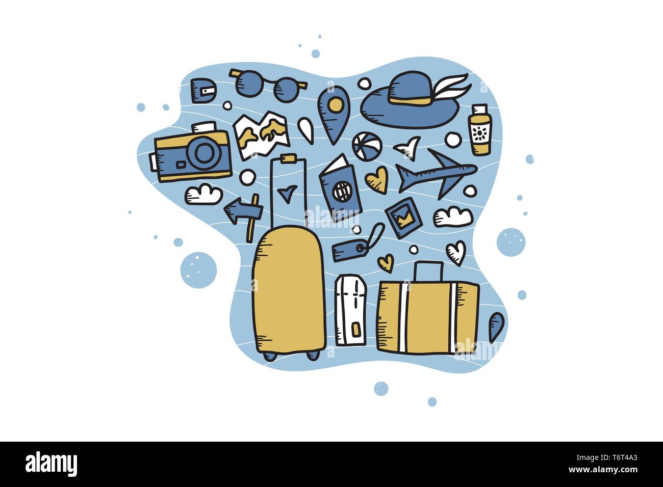 Set of travel symbols in doodle style. Hand drawn vector trip elements ...