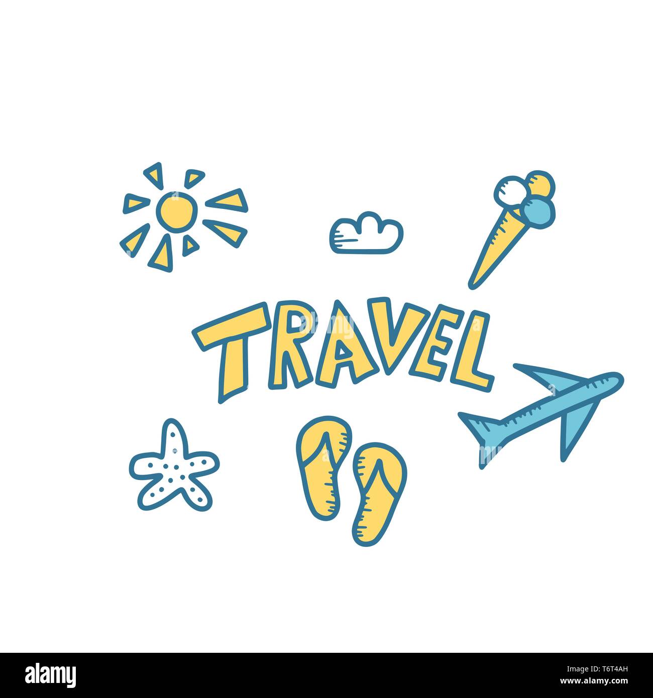 Set of travel symbols in doodle style. Hand drawn vector trip elements ...