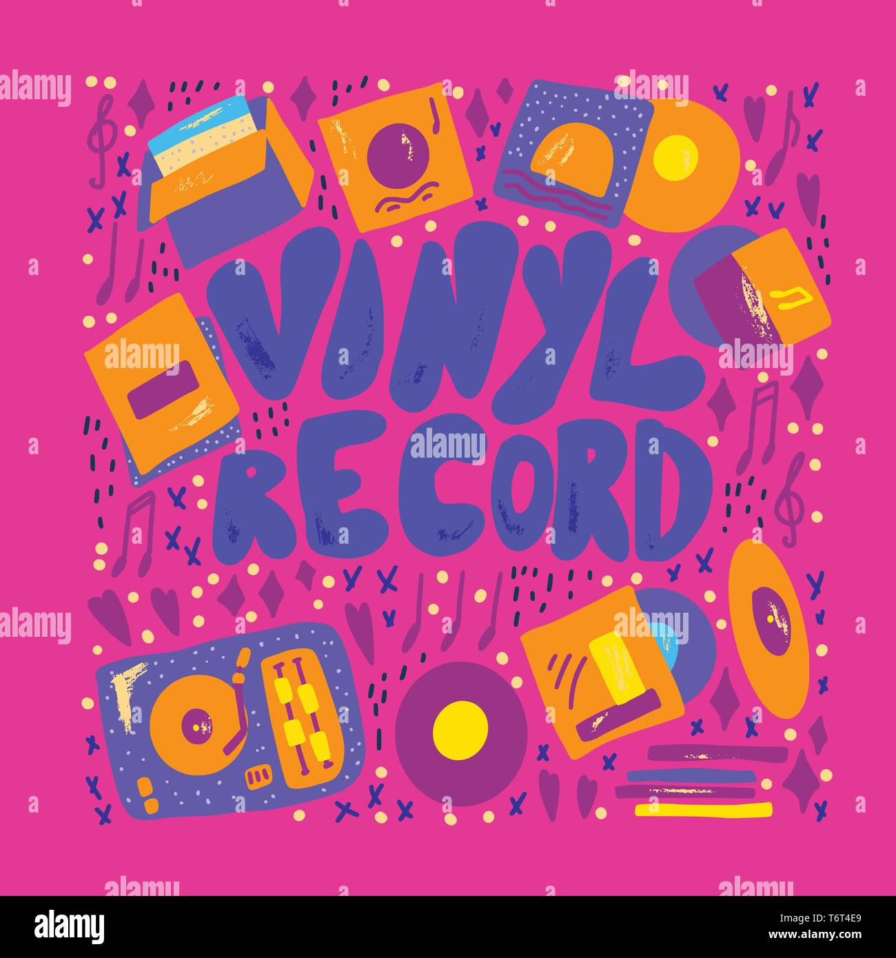 Vinyl record concept. Text with musical symbols. Vector color ...